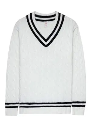 Boast Boast Cable-Knit V-Neck Sweater With Striped Details White Navy