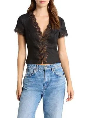 REFORMATION Brynn Lace Trim Linen Crop Top - Black
