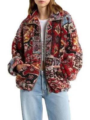 BDG URBAN OUTFITTERS Mae Print Fleece Zip Front Sweatshirt - Red
