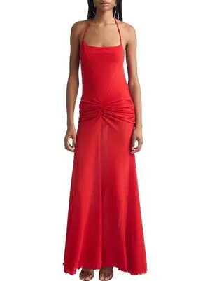 SIEDRES Ruched Mesh Halter Maxi Dress - Red