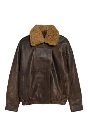 R13 Leather Bomber Jacket With Removable Genuine Shearling Collar