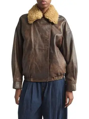 R13 Leather Bomber Jacket With Removable Shearling Collar - Brown
