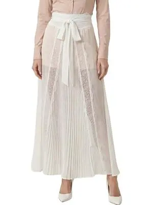 MODENAIRE Sheer Lace Panel Pleated Maxi Skirt