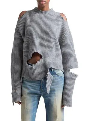 HAIKURE Distressed Ribbed Mock Neck Merino Wool Sweater - Grey
