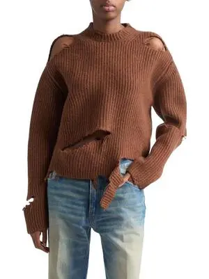 HAIKURE Distressed Ribbed Mock Neck Merino Wool Sweater - Tabac