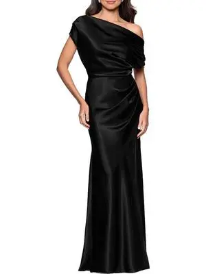 Betsy & Adam One-shoulder Satin Gown - Black