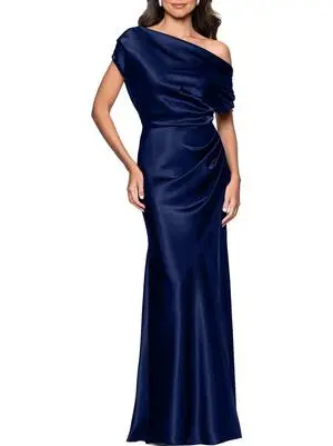 Betsy & Adam One-shoulder Satin Gown - Navy