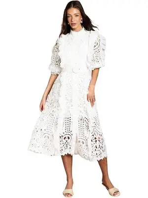 Coast Lace Ruffle Belted Shirt Dress - White