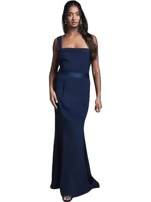 Coast Square Neck Satin Maxi Dress With Wide Straps And Bow Detail - Navy