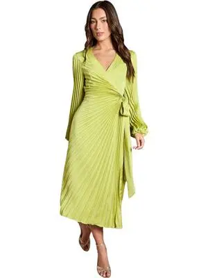 Coast Satin Pleated Long Sleeve V-neck Wrap Dress - Lime