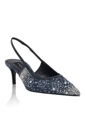 Philipp Plein Monogram Strass Denim Mid Heels Slingbacks - Lightblue