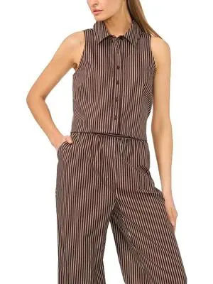 Halogen Striped Sleeveless Button-up Shirt - Chicory Coffee