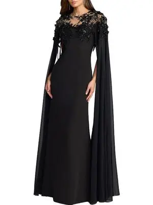 Mac Duggal Embellished Chiffon Cape Gown - Black