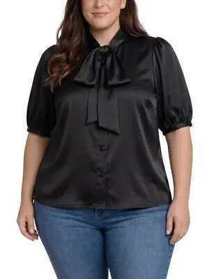 LIVERPOOL Tie Neck Puff Sleeve Satin Top