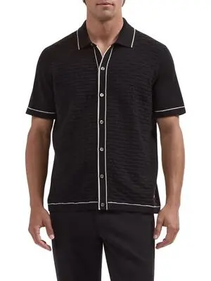 Bugatchi Geometric Texture Short Sleeve Button-up Sweater - Black