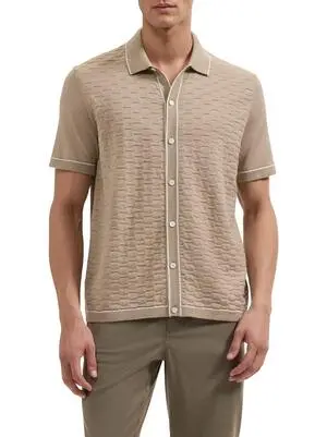 Bugatchi Geometric Texture Short Sleeve Button-up Sweater - Cobblestone