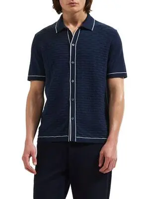 Bugatchi Geometric Texture Short Sleeve Button-up Sweater - Navy