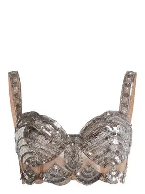 Zuhair Murad Tulle Full Sand Shell Embroidered Cropped Top - Silver