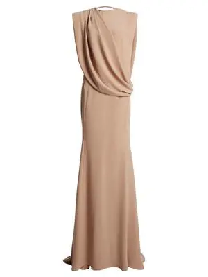 Zuhair Murad Light Cady Squared Shoulder Long Dress - Tan