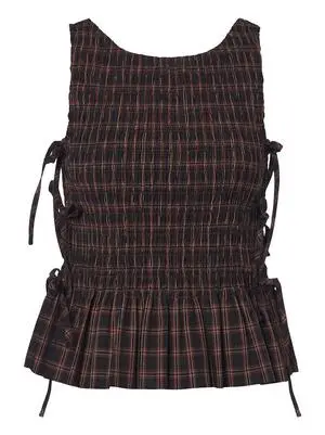 GANNI Checked Shirred Cotton Top - Brown