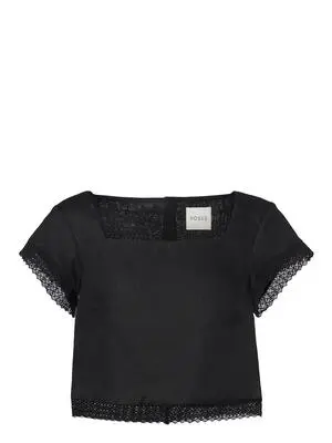 Posse Alfie Cropped Embroidered Linen Top - Black