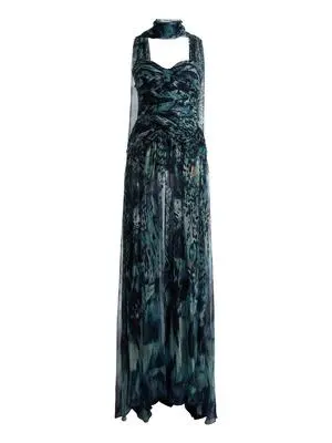 Zuhair Murad Chiffon Guppy Print Off-shoulder Gown - Blue