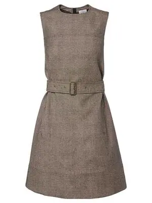 Burberry Belted Checked Wool And Linen-blend Minidress - Beige