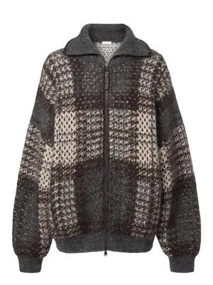 Brunello Cucinelli Checked Mohair Blend Zip-up Cardigan - Grey