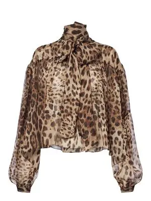 Dolce & Gabbana Leopard-print Tie-neck Silk Blouse - Brown
