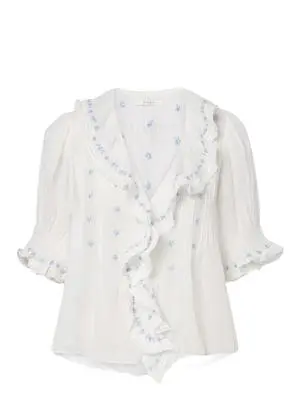 DÔEN Hettie Floral Ruffled Cotton Top - White