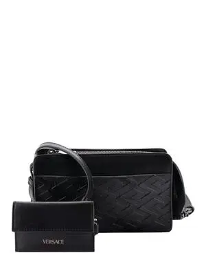 Versace La Greca Embossed Leather Crossbody Bag - Black