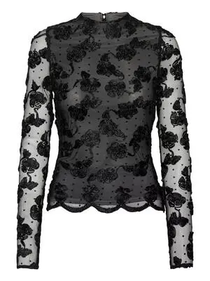 ROTATE BY BIRGER CHRISTENSEN ROTATE BIRGER CHRISTENSEN Sheer Floral Appliqué High Neck Long Sleeve Top Black