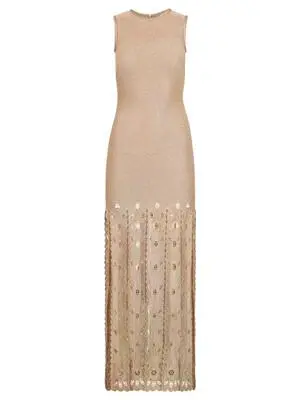 Oscar De La Renta Sleeveless Jewel Neckline Metallic Knit Maxi Dress With Pineapple Fringe - Neutrals