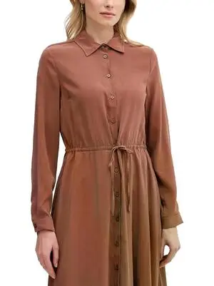 GAUDI Drawstring Waist Long Sleeve Maxi Shirt Dress - Brown