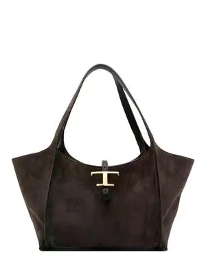 TOD'S Small T Timeless Suede Tote Bag - Brown