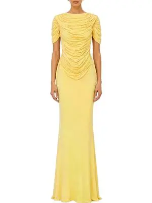 V:PM ATELIER Canary Ruched Draped Maxi Dress - Yellow