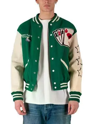 HTC LOS ANGELES College Cards Patch-detail Leather-sleeve Bomber Jacket - Green