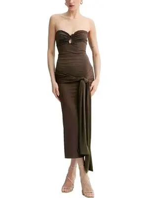 Bardot Laverne Ruched Knot-detail Midi Dress - Brown