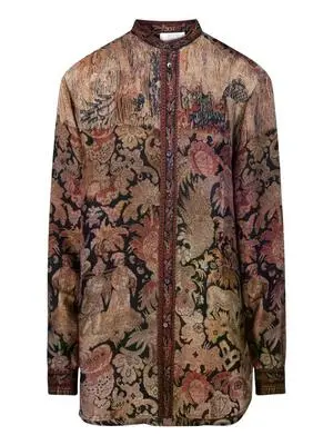 PIERRE-LOUIS MASCIA Floral-print Band Collar Shirt - Brown