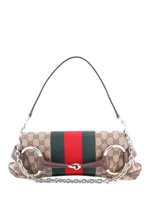 Gucci Horsebit Nm Web Chain Clutch Gg Canvas Medium Shoulder Bag - Brown