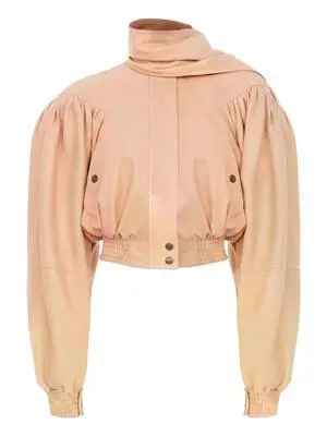 Chloé Cropped Leather Jacket With Detachable Scarf Detail - Neutrals
