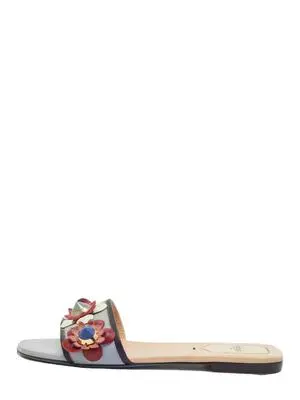 Fendi Flowerland Leather Slide Sandals - Blue