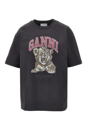 GANNI Organic Cotton Tiger Print T-shirt With Beaded Embellishments - Black