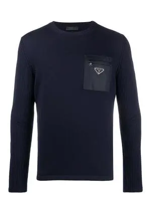 Prada Wool Crew Neck Sweater With Pocket Detail - Blue