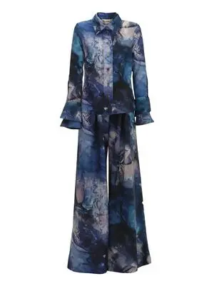 JULIA ALLERT Abstract Print Silk Blend Shirt And Wide-leg Pants Co-ord Set - Blue