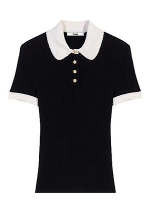 Maje Short-sleeved Ribbed Knitted Polo Shirt - Black