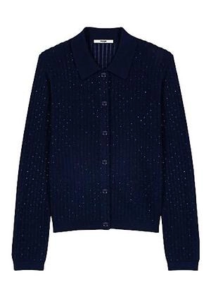 Maje Rhinestone-embellished Knitted Wool-blend Cardigan - Navy