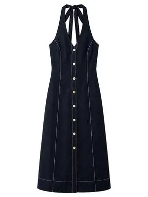 OMNES Octavia Halter Linen-blend Midi Dress - Navy