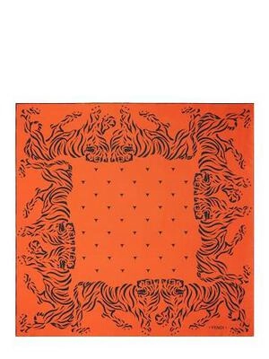 Fendi Silk Foulard With Tiger And Cuneo Motif - Orange