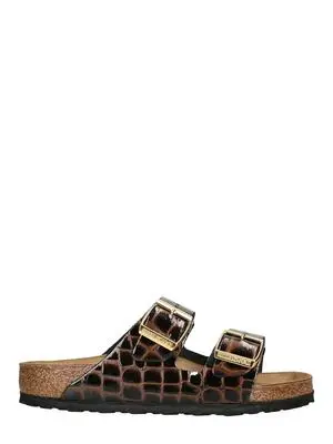 BIRKENSTOCK Leather Croc-embossed Arizona Sandals - Black